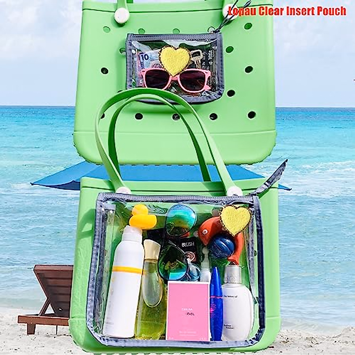 Clear Zipper Insert Bags for Beach Bag, Travel Organizer Storage Inner Pouch, Pop in Kinds of EVA Waterproof Beach Tote Bag(Grey Set of 2)