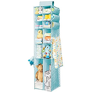 mDesign Long Soft Fabric Over Closet Rod Hanging Storage Organizer with 12 Divided Shelves, Side Pockets for Child/Kids Room or Nursery, Store Diapers, Wipes, Lotions, Toys - 2 Pack - Light Blue/White