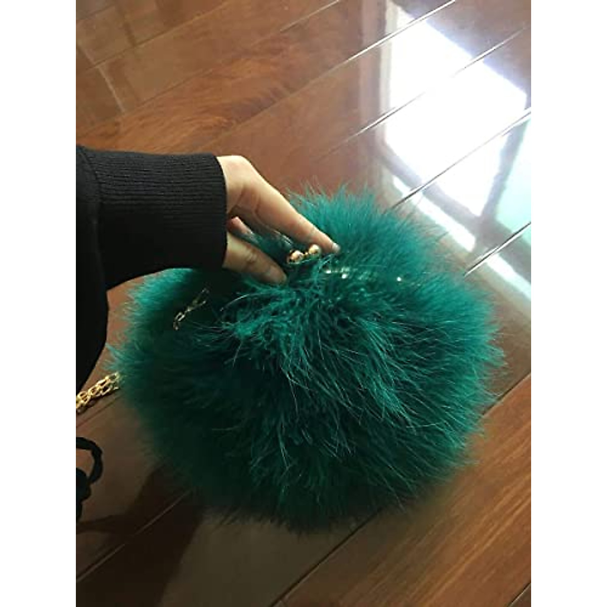 Flada Women's Faux Fluffy Feather Round Clutch Shoulder Bag, Black, Medium