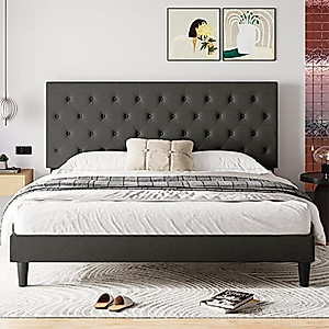 HOOMIC Queen Bed Frame with Adjustable Diamond Tufted Headboard / Fabric Upholstered Platform Bed Frame / Mattress Foundation / Wooden Slats / No Box Spring Needed / Easy Assembly, Dark Grey