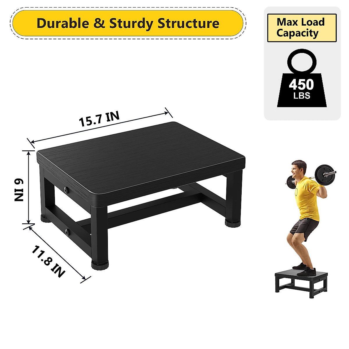 Step Stools for Adults Kids, Sturdy Wooden Stepping Stools with 450LB Capacity, Anti-Slip Bed Steps Stool for High Beds, Foot Stool One Step Stool for Kitchen Bathroom Bedroom, Black