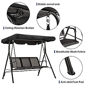 MCombo Outdoor Patio Canopy Swing Chair 3-Person, Steel Frame Textilence Seats Swing Glider, 4507 (Black)