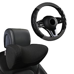 iwantit Black Car Seat Neck Pillow and The Black/White Gel Steering Wheel Cover