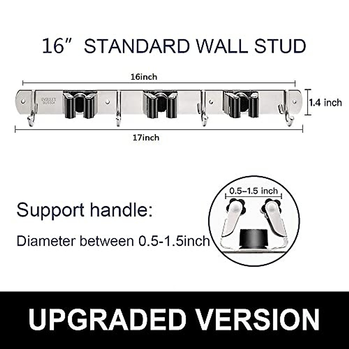IMILLET Broom and Mop Holder Wall Mounted, Stainless Steel Broom Holder Mop Holder Self Adhesive Heavy Duty Hooks Storage Organizer for Home Laundry Room Garden Garage（3 Racks with 4 Hooks）