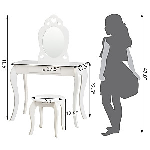 HONEY JOY Kids Vanity Set with Mirror, Toddler Wooden Vanity Table with Stool & Drawer, Removable Top, Princess Pretend Play Beauty Makeup Dressing Table Playset for Little Girls(White)