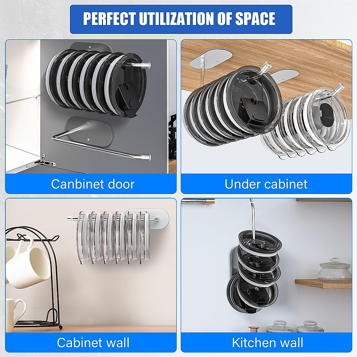 FOURHARVEST Tumbler Lid Organizer 2 Pack,Space Saving Cup Lid Hook for Simple Modern Cup Lids,Lid Storage Rack Used in Kitchen Storage Cabinet Inside Or Under (Silver)