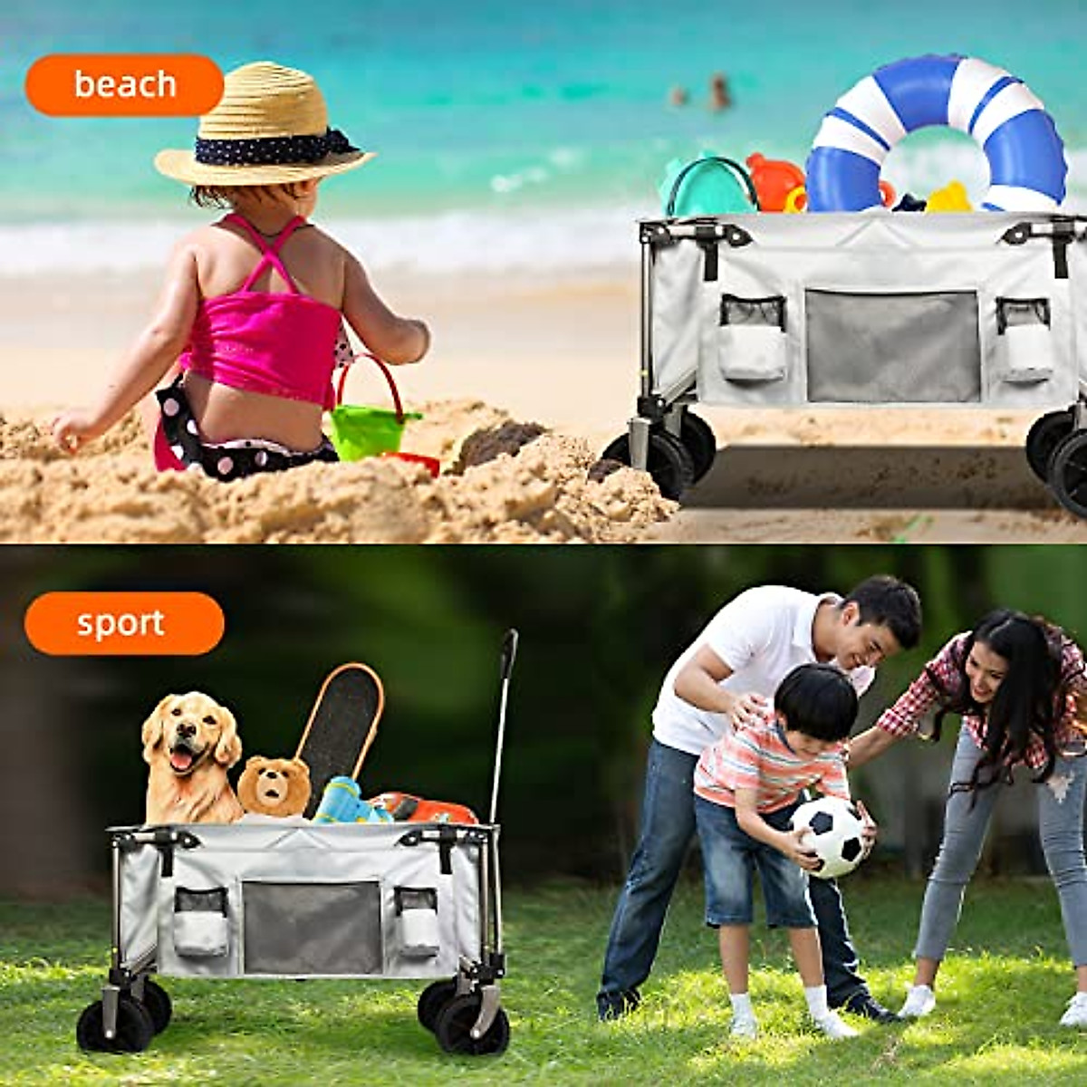 FRITIGA Collapsible Wagon Cart, with Side Bag - Folding Beach Wagon for Sand, Heavy Duty Foldable Utility Shopping Carts on Big All-Terrain Wheels, Outdoor Garden Portable Wagon