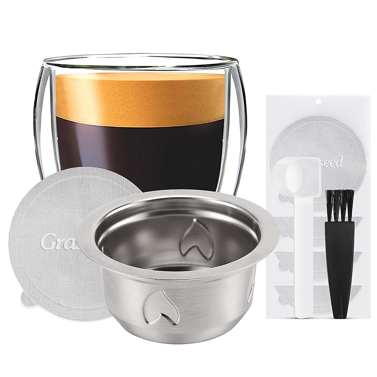 Grasseed Refillable Vertuo Capsule, Reusable Stainless Steel Vertuo Pod Kit with 100 Foil Lids, Spoon, Brush, Brew 7.8oz- Compatible with Vertuoline Machine