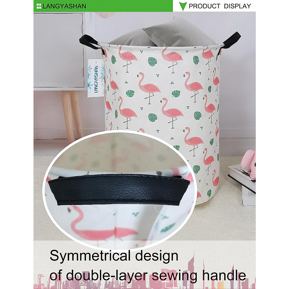 LANGYASHAN Laundry Basket Canvas Fabric Collapsible Organizer Basket for Storage Bin Toy Bins Gift Baskets Bedroom Clothes Children Nursery Hamper (Round Flamingo)