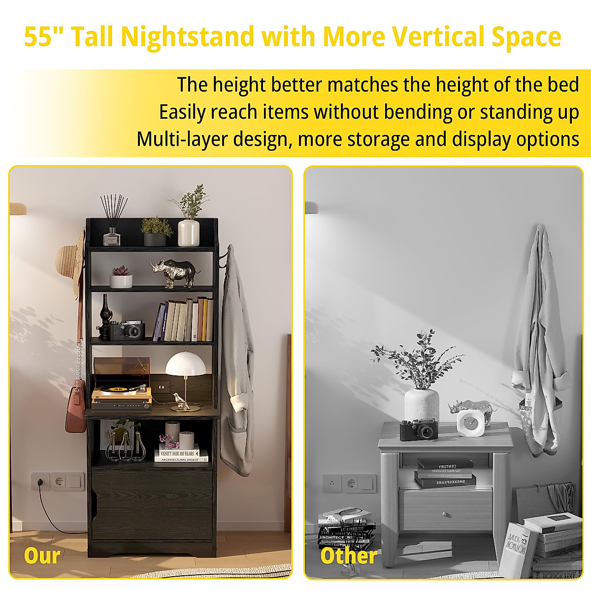 LIKIMIO Nightstand, 55" Tall End Side Table with Charging Station and Storage Cabinet, Small Bookshelf, for Living Room Office Bedroom, Vintage Black