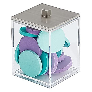 mDesign Modern Square Bathroom Vanity Countertop Storage Organizer Canister Jar for Cotton Swabs, Rounds, Balls, Makeup Sponges, Bath Salts - Clear/Brushed/Chrome