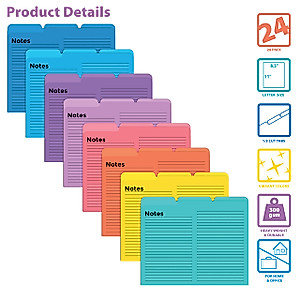 Lined File Folders, 24 Pack, Notes Tabbed File Folders, 1/3 Cut Tabs, 8 Vibrant Colors, Heavyweight, Letter Size Folders, 9.5" x 11.5", Left/Center/Right Set Per Color, by Better Office Products
