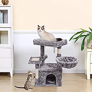 SYANDLVY Cat Tree for Indoor Cats, Activity Tower with Scratching Posts & Board, Modern Kitten Condo with Plush Perch, Hammock & Hanging Ball for Play (Light Grey)