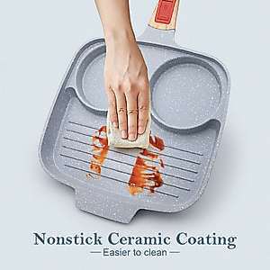 RANXINGST Ceramic Egg Pan with Lid, 10” Nonstick 3 Section Divided Grill Pan with Detachable Handle, Fried Egg Pan Omelette Pan for Breakfast - Blue