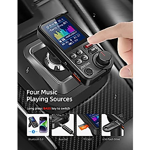 Nulaxy FM Bluetooth Transmitter for car, Strong Microphone Bluetooth Car Adapter with 1.8" Color Screen for Hands Free Calls, Supports QC3.0 Charging, Treble and Bass Sound Music Player- KM30