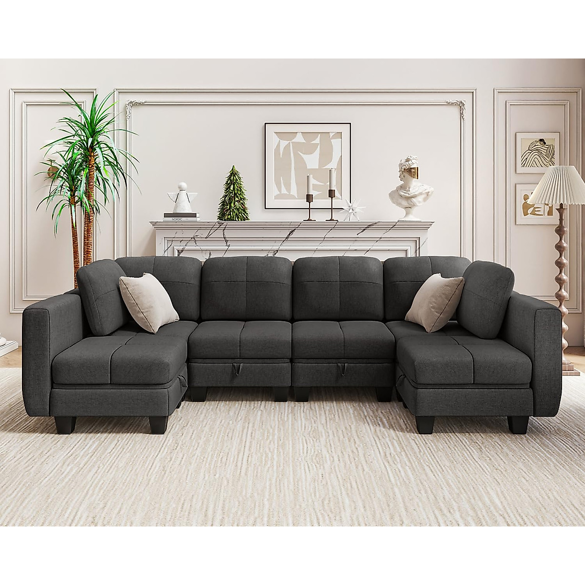 Arathorn Modular Sectional Sofa with Ottoman Oversized U Shaped Sofa Couch with Reversible Chaise, Convertible Sofa Bed Sleeper Modular Sofa Sectional Couch for Living Room, Dark Grey