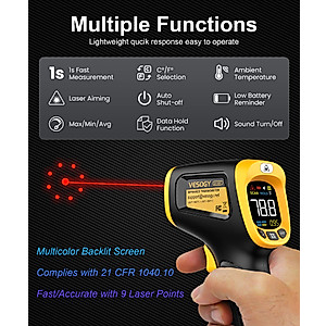 Infrared Thermometer Temperature Gun -58°F ~932°F, Digital Laser Thermometer Gun for Cooking, Pizza Oven, Grill & Engine, IR Thermometer Temp Gun with Adjustable Emissivity & Max-Min Measure