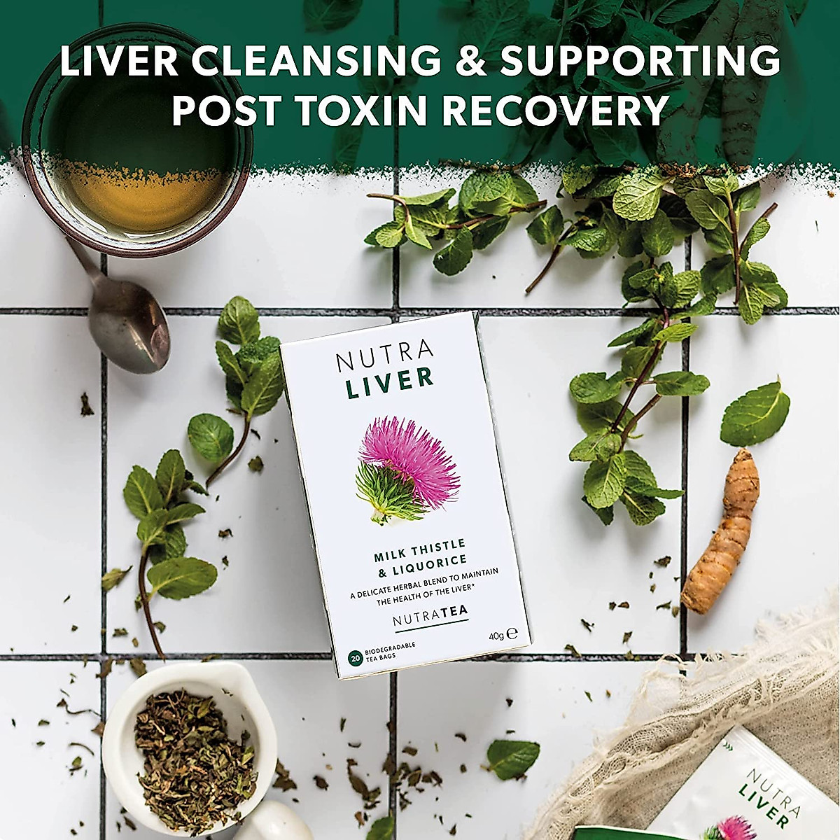 NUTRALIVER - Detox Tea for Liver Cleansing and Support - With Milk Thistle, Turmeric & Fennel - 20 Tea Bags - Herbal Tea by Nutra Tea