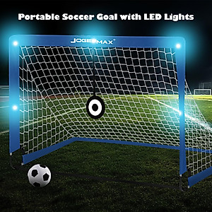 JOGENMAX Portable Kids Soccer Goal, Pop Up Goal Nets with Led Lights,Set of 2, with Agility Training Cones, Carry Case Gift for Kids Teen Boy & Adults Size 4‘X3’(Blue)