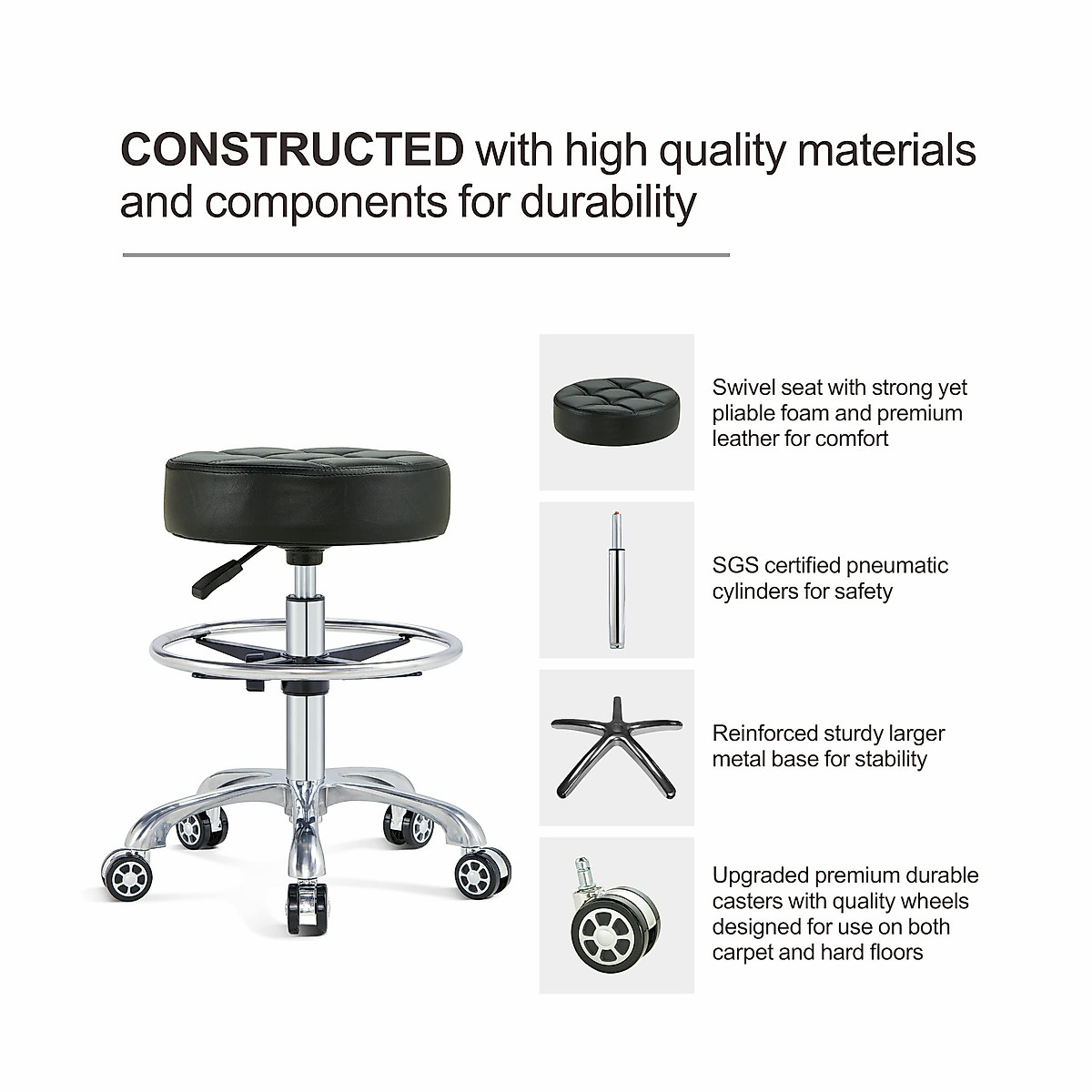 Kastele Height Adjustable Rolling Desk Stool Swivel Chair with Casters Heavy Duty for Salon, Spa, Massage,Tattoo,Esthetician,Shop,Kitchen (No Backrest with Casters, Black)