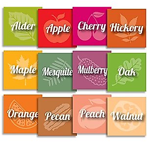 15 Pellet Smoker Wood Flavor Label Magnets 2” x 2” for BBQ Grill Grilling Wood Pellets Smoker Hopper Outdoor Waterproof Magnetic Identification Perfect Accessories for Meat Smoking Guide Gifts – White