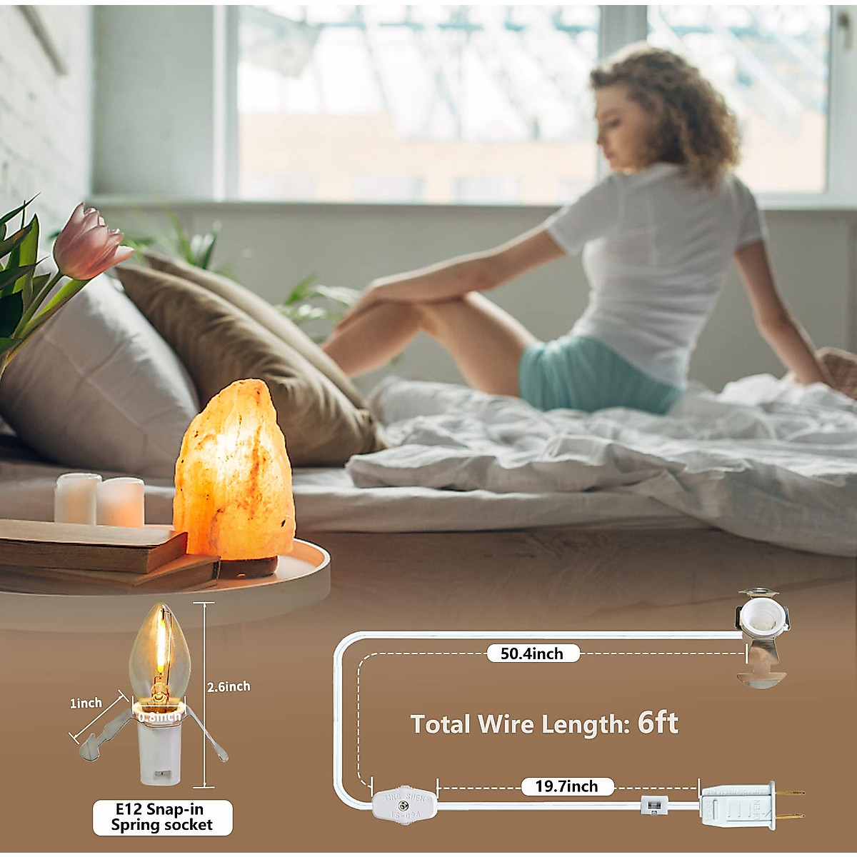 4 Pack Lights Accessory Cord with 4 C7 Led Light Bulb, Clip-in Lamp Cord Replacement, Candelabra-Base E12 Socket White Cord with On/Off Switch Pluggs for Holiday Decorations