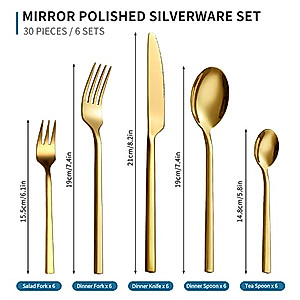 Velaze 30 Piece Gold Silverware Set for 6 with Fancy Gift Box, Premium Stainless Steel Flatware Set, Mirror Polished Cutlery, Durable Forks Spoons and Knives Set, Kitchen Utensils Sets