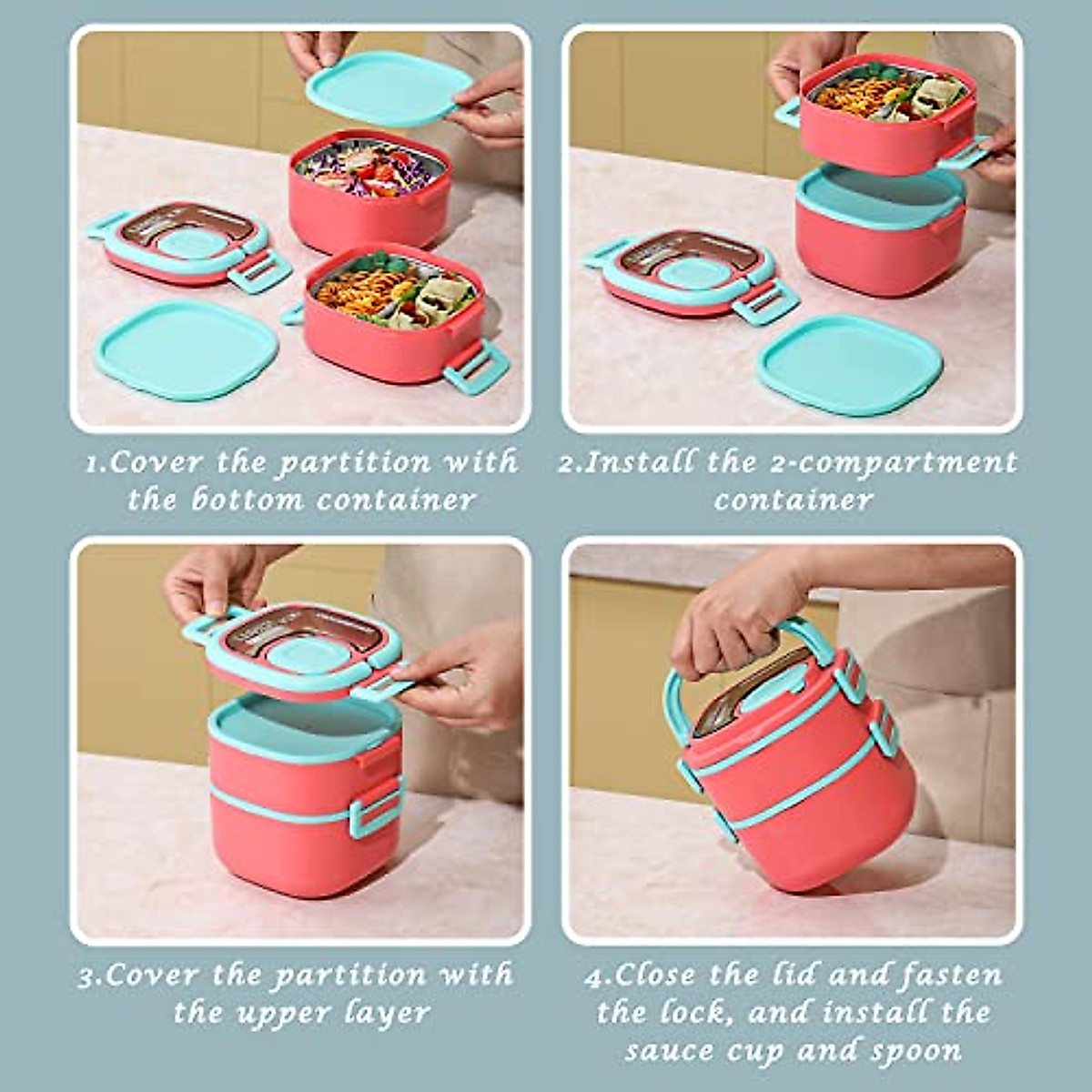 Stackable Lunch Container for Adults with 45oz Large Capacity Stainless Steel bento box Adult lunch box, Leak-Proof Durable All-in-One Bento Box Built In Divider, Spoon, Dressing Container (Pink)