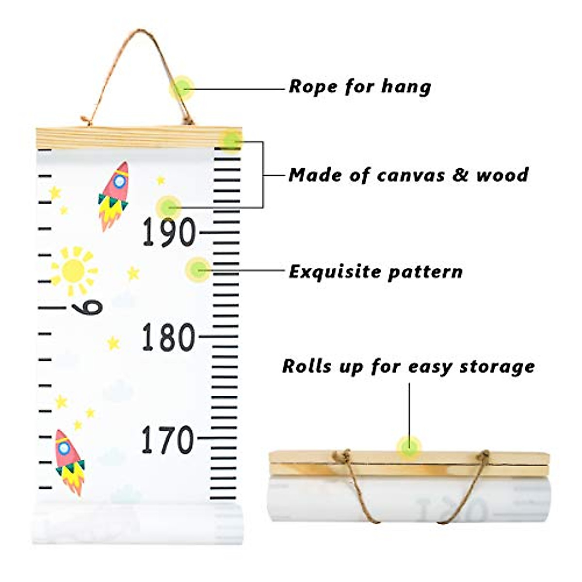 Airror Baby Growth Height Chart, Child Height Ruler, Canvas and Wood Composed of Removable Wall Ruler, Wall Decor (Cartoon Patterns)