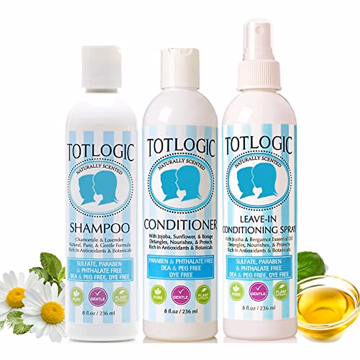 TotLogic Sulfate Free Hair and Scalp Care Set - Shampoo, Conditioner, & Detangling Spray - Gentle, Safe, Made with Natural Essential Oils and Botanicals