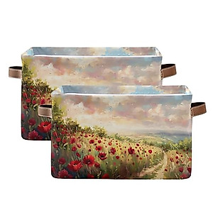 Storage Basket Red Poppies Field Canvas Collapsible Box Organizer Bin with Handles
