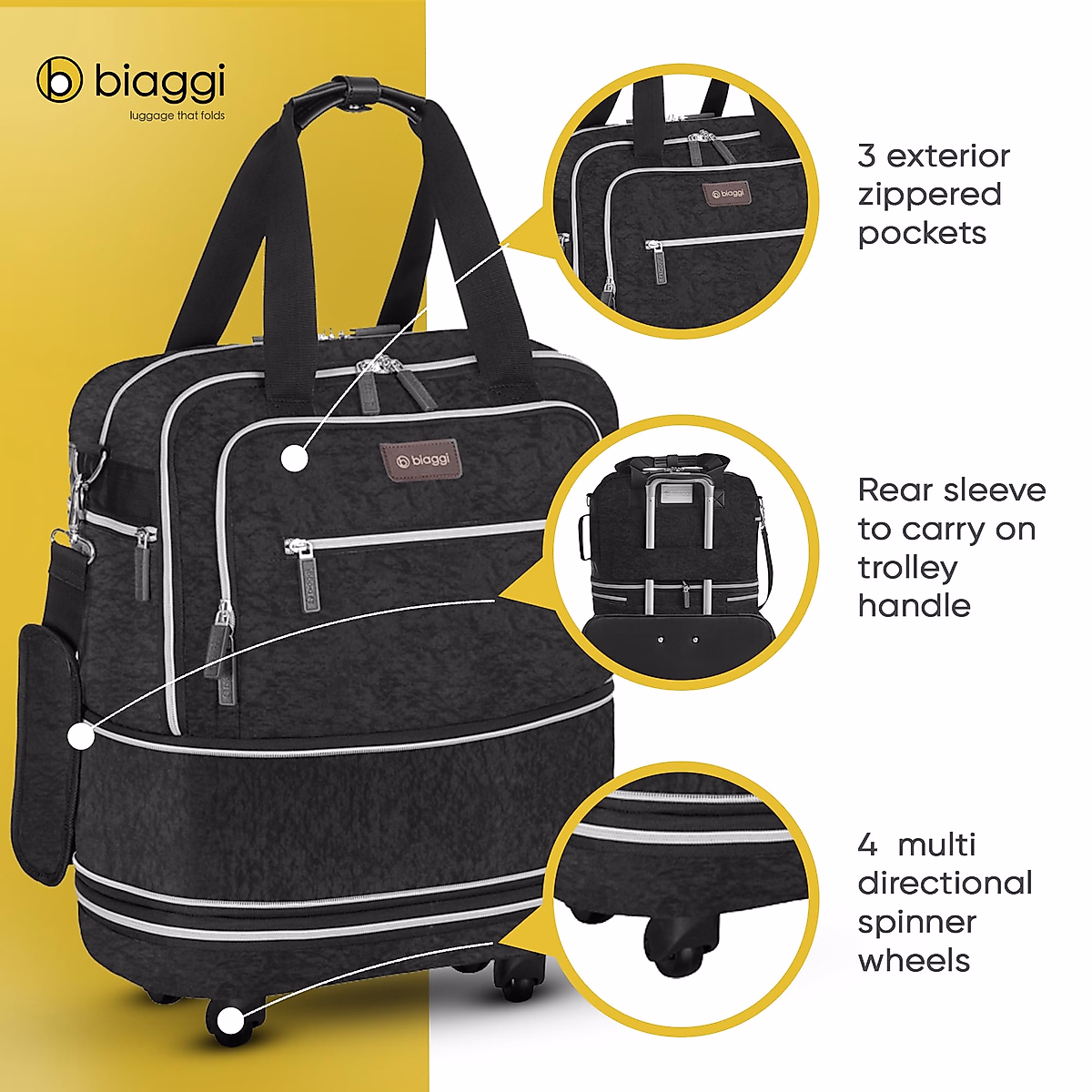 Biaggi Zipsak Boost! Foldable Underseat Carry-On Expands to Full Size Carry-On - Custom Sized Packing Cube Included (Black)
