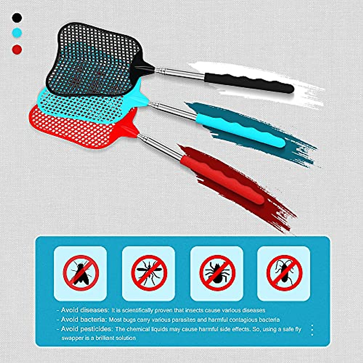 PAL&SAM Extendable Fly Swatter, Durable Telescopic Plastic Fly Swatter Heavy Duty Set, Retractable Flyswatter Fly Killer with Stainless Steel Long Handle - 3 Packs