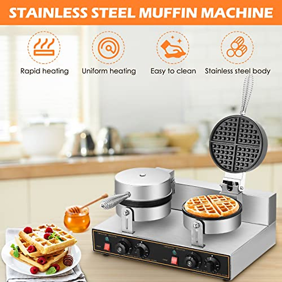 MATHOWAL 2400W Commercial Waffle Maker Double Waffle Irons Electric Nonstick Muffin Machine Suitable for Home，Snack Bar and Restaurant |US Warehouse