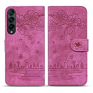 EAXER for Samsung Galaxy Z Fold 3 Case, Shockproof Sakura Leather Card Slots PU Wallet Case Cover (Rose)