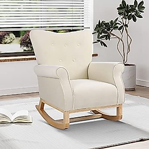 Rophefx Rocking Chairs for Baby Nursery Velvet Glider Rocker with Solid Wood Base Nursery Rocker with High Backrest, Beige