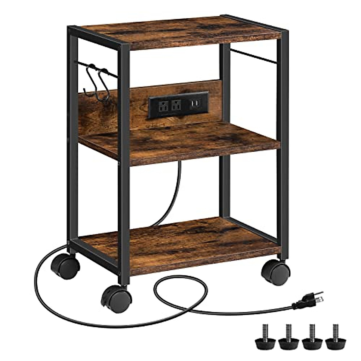 ALLOSWELL 3-Tier Mobile Printer Stand, Rolling Cart with Power Outlets and USB Ports, Industrial Printer Cart, Home Utility Storage Rack with 2 Hooks, for Office, Living Room, Rustic Brown PTHR40E01