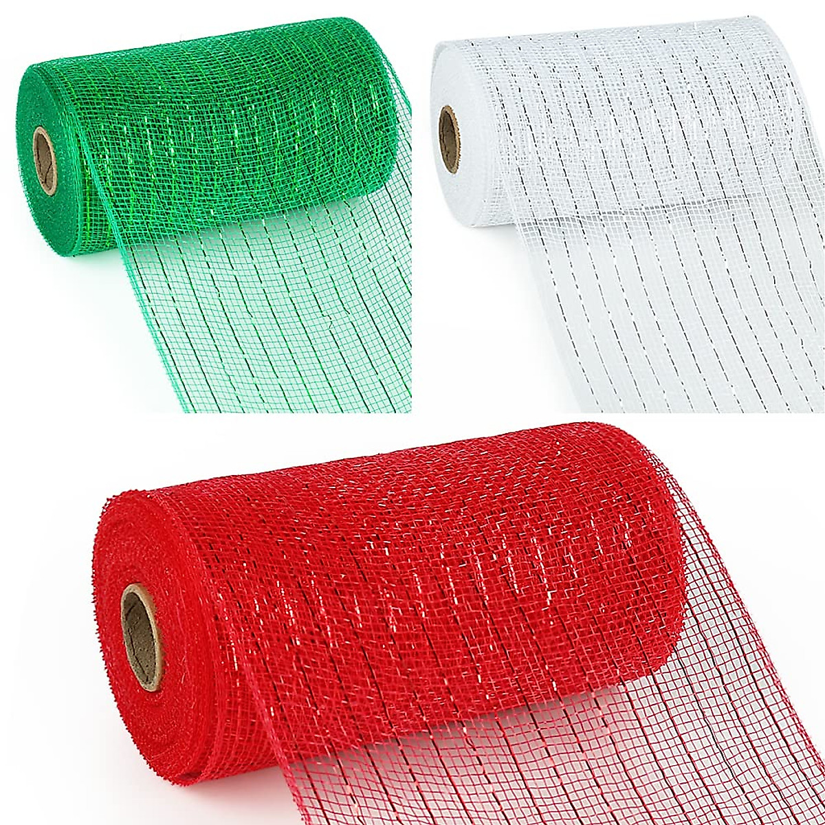 3 Rolls Mesh Ribbon for Wreaths, 6 Inch x 30 Feet Each Roll Red Green White Poly Deco Mesh Rolls, Christmas Ribbon for Wreaths, Swags and Christmas Tree Decoration