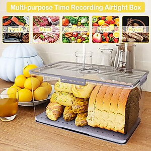 Bread Box for Kitchen Counter Airtight with Bread Bag & Tongs, Bread Storage Container with Time Recording Lid for Homemade Bread, Bread Keeper for Loaf, Toast, Bagel, Donut, Bread Saver Holder (Grey)