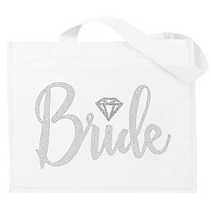 Bride Tote Bag, Bride Kit- Giant 18" x 14" Cotton Canvas White Totes with Diamond Motif Rhinestones, Engagement or Bridal Shower Gift & Accessories Bride Tote - White Tote(DiaBride RS) WHT