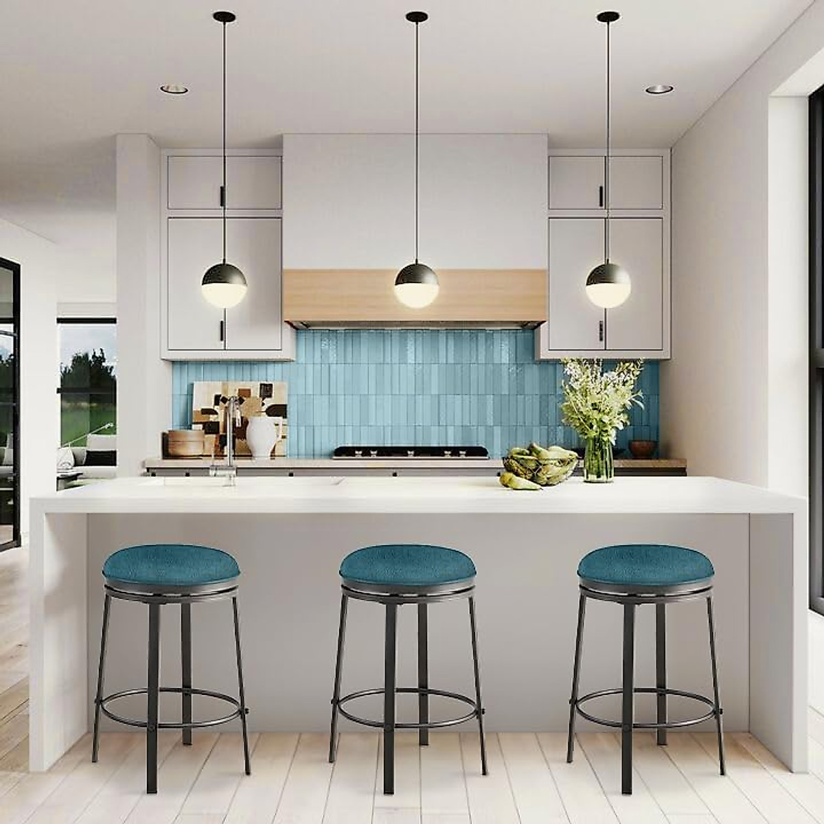 OUllUO Industrial Blue Bar Stool, 24" Counter Height, PU Leather, Backless Round Saddle, 16" Seat, 17.3 lbs, 1 Pc