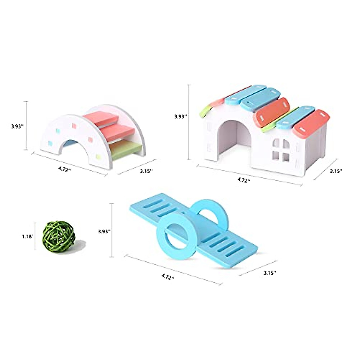 DJun Hamster Rainbow Chew Toys Include House Bridge Swing Seesaw and 10 Colorful Rattan Balls, Pet Sport Exercise Toys Set, Guinea Pig Rat Chinchilla Cage Accessories for Small Animals (Style 1)