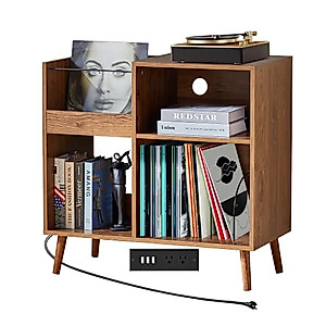 Wirrytor Vinyl Record Storage Cabinet with Power Outlet,Record Player Stand,Record Player Table Holds up to 250 Albums,Turntable Stand Display Shelf with Wood Legs for Living Room Bedroom,Walnut Brown