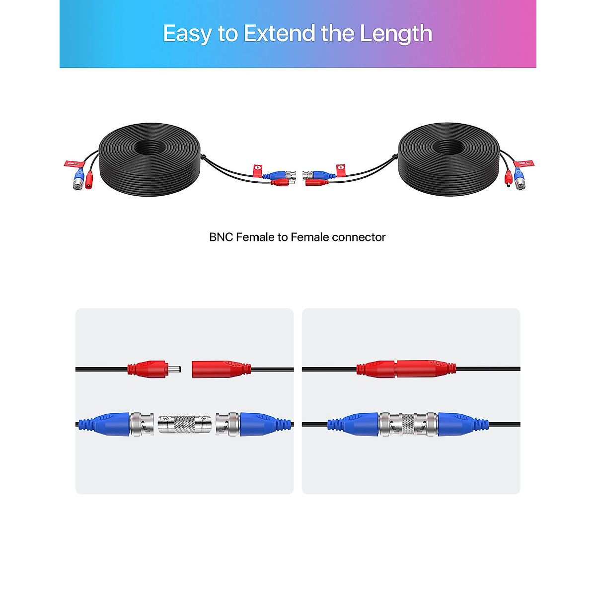 ZOSI 2 Pack 100ft All-in-One Video Power Cable, BNC Extension CCTV Camera Cable for Security DVR System, Included 2X BNC Connectors and RCA Adapters