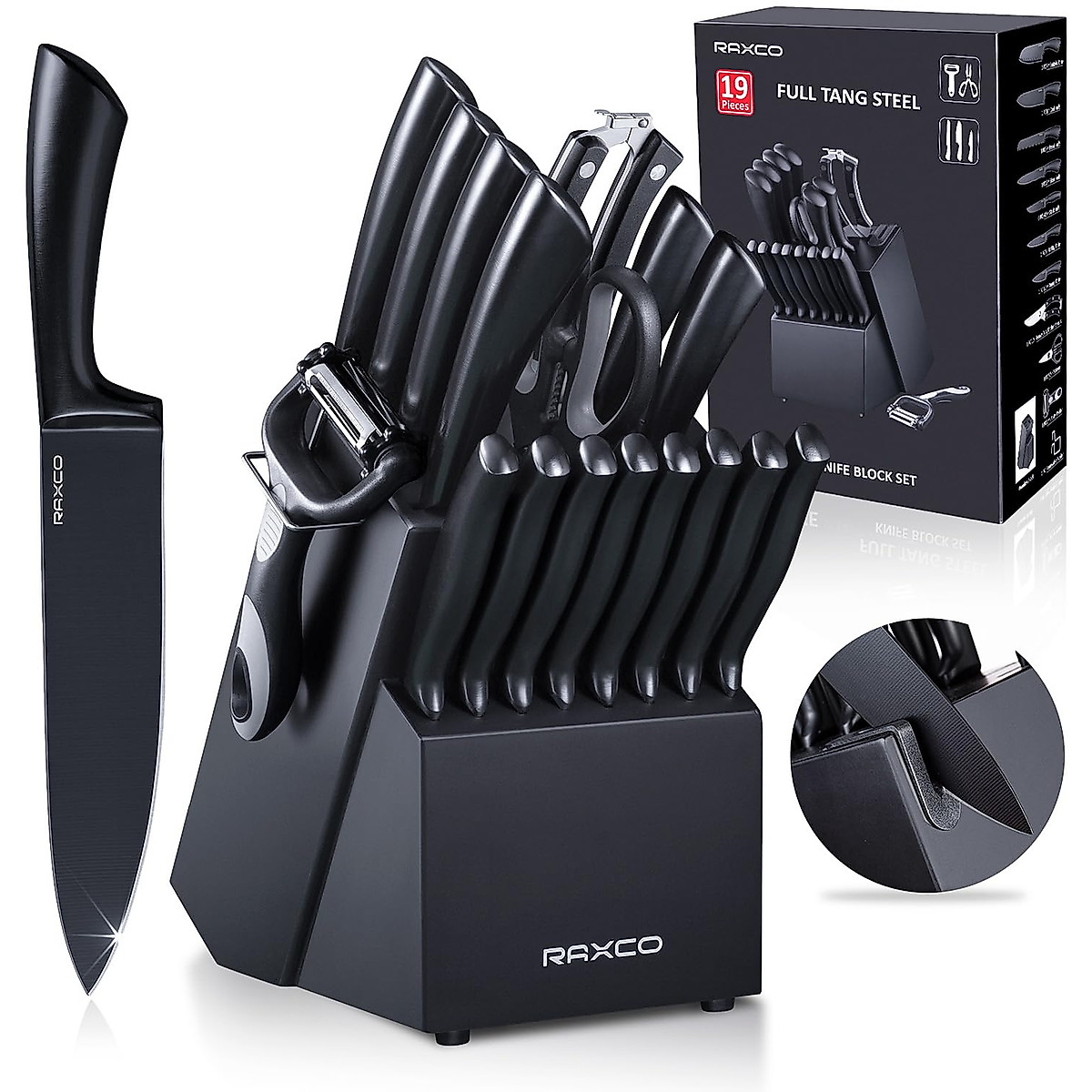RAXCO Knife Block Set-Kitchen Knife Set,Knife Sets for Kitchen with Block & Sharpener,Black
