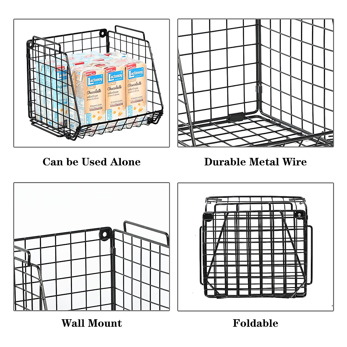 X-cosrack Stackable Pantry Baskets Household Food Storage Organizer with Handles 3 Pack, Foldable Snack Rack Stand with Open Front Stacking Farmhouse Bins for Countertop Cabinets Kitchen