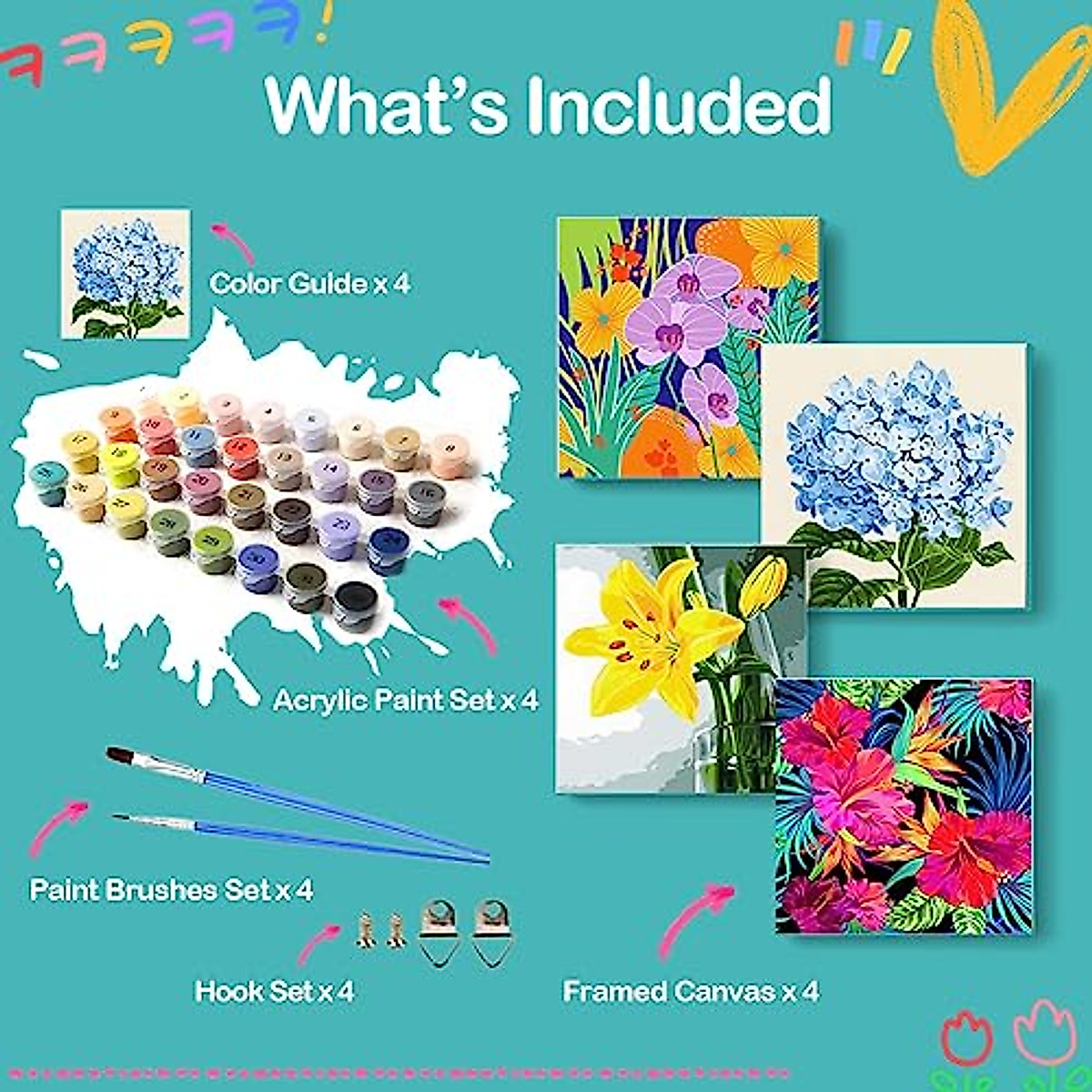 SupaDiya 4 Pack Flowers Framed Paint by Numbers for Adults Beginners, DIY Easy Acrylic Watercolors Number Painting Art with Framed Canvas for Home Wall Decor (8x8 inches)