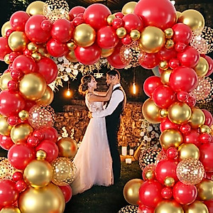 Red Gold Balloons Garland Arch Kit, 18/12/10/5 inch Red Metal Gold Latex Balloon Set with Gold Confetti Balloons for Graduation Baby Shower Wedding Valentine's Day Birthday Anniversary Supplies
