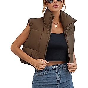 Gihuo Womens Quilted Cropped Puffer Vest Gilet Warm Padded Full Zip Lightweight Puffy Vest Short Sleeveless Jacket(Coffee-M)