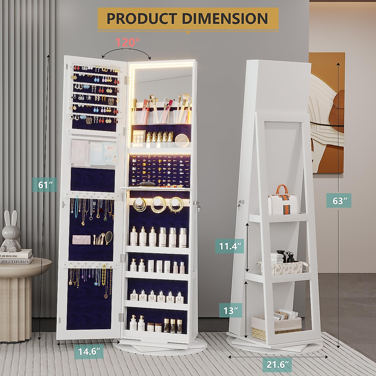 Vlsrka LED Jewelry Armoire with Full Length Mirror 360° Rotating, Jewelry Cabinet Large Standing Lockable Mirror Jewelry Organizer with Inner Makeup Mirror & Soft Velvet for Living Room Bedroom